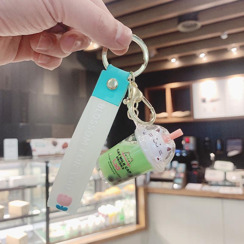 Cat Cute Cartoon Milk Tea Cup Keychain Acrylic Liquid Oil Keyring ...