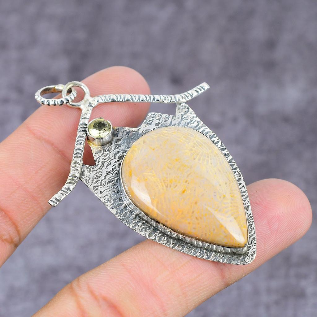 Fossil Coral, Citrine Handmade 925 Sterling Silver Pendant 2.36" F2d37 ...
