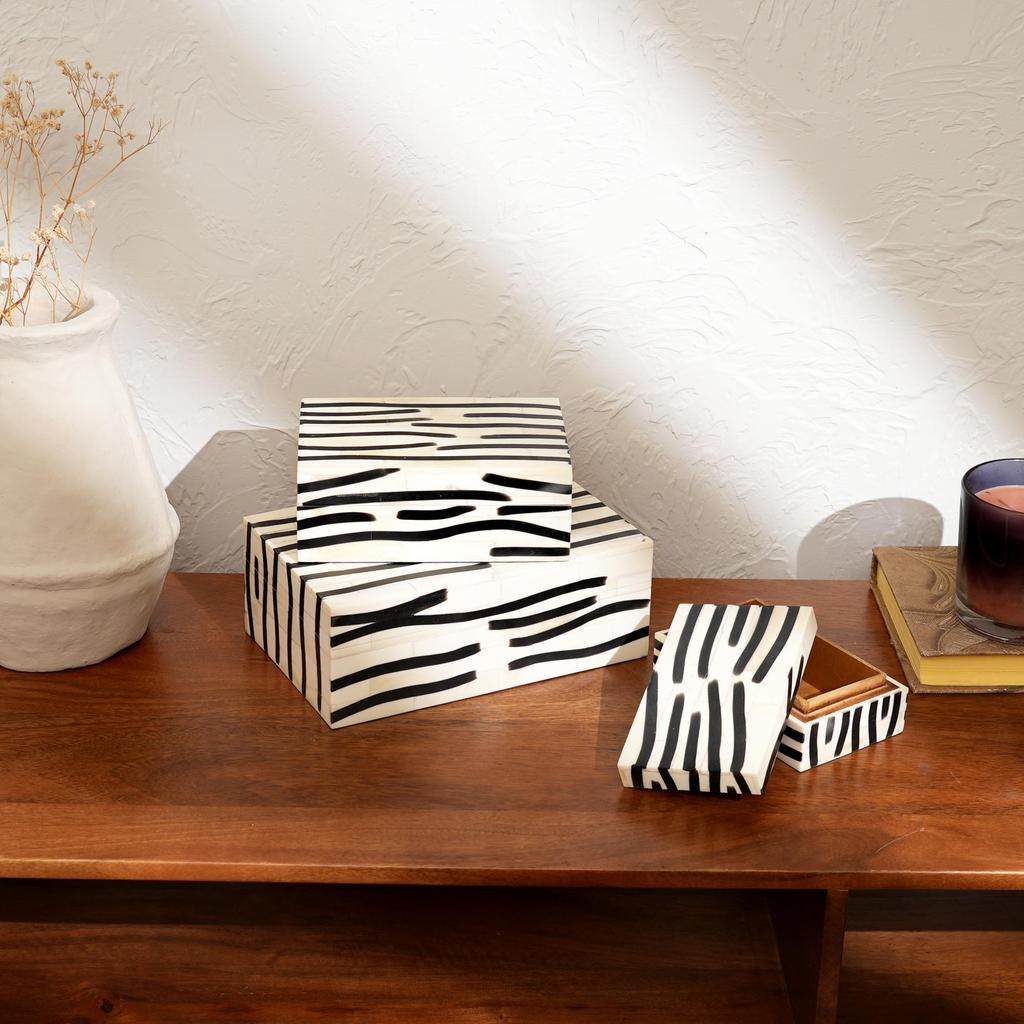 Zebra Pattern Bone Inlay Box Set of 3 – Handcrafted Decorative Storage ...